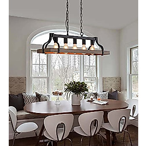 MEIXISUE Rustic Kitchen Island Dining Room Light Fixture Farmhouse Linear Chandelier Black and Retro Wood Finish 5-Light Industrial Metal Hanging Pendant Light UL Listed L33.5 W10.6