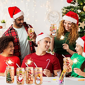 6 Pieces Christmas Can Glass 16oz Coffee Glass Cup with Bamboo Lid and Straw Santa Claus, Elk, Christmas Tree Can Glass for for Water, Juice, Milk, Beer, Whiskey, Vodka and Christmas Party