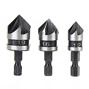Yakamoz 3Pcs 1/4 Inch Hex Shank 5 Flute 90 Degree Chamfering Countersink Drill Bit Set | 12mm 16mm 19mm