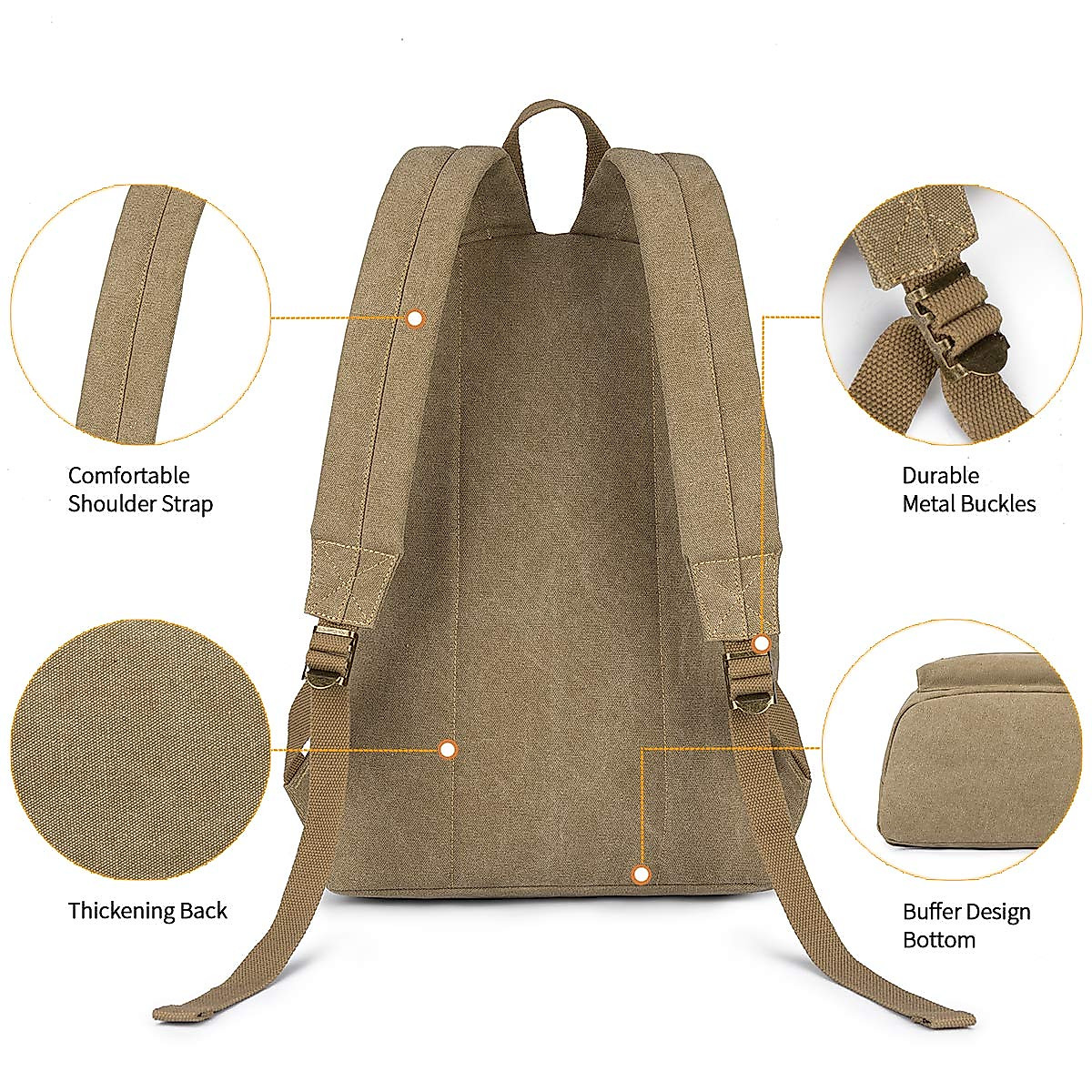 seemeroad Canvas College Laptop Backpack, Durable Rucksack, Travel Bag Fits 15.6 Inch Notebook for Men Women, Khaki