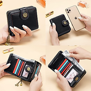 Cnoles Small Genuine Leather Wallets For Women Small Bifold Purse Zipper Pocket Wallet with ID Window Black