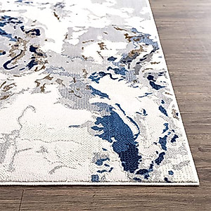 Abani Transitional Rugs Grey & Blue Swirl 4' x 6' Area Rug - Abstract Marble Watercolor No-Shed Premium Dining Room Rug