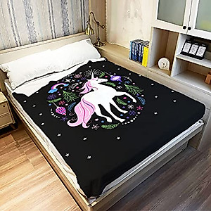 YISUMEI Unicorn Black Throw Blanket Leaves Stars Firework Fleece Blanket Soft Warm Cozy for Sofa Couch Bed 50"x60"