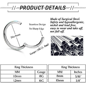 THUNARAZ 18G 16G Nose Rings Hoop for Women Men Surgical Steel Septum Rings CZ Opal Cartilage Hoop Earrings Daith Conch Clicker Nose Rings Septum Body Piercing Jewelry 8mm 10mm