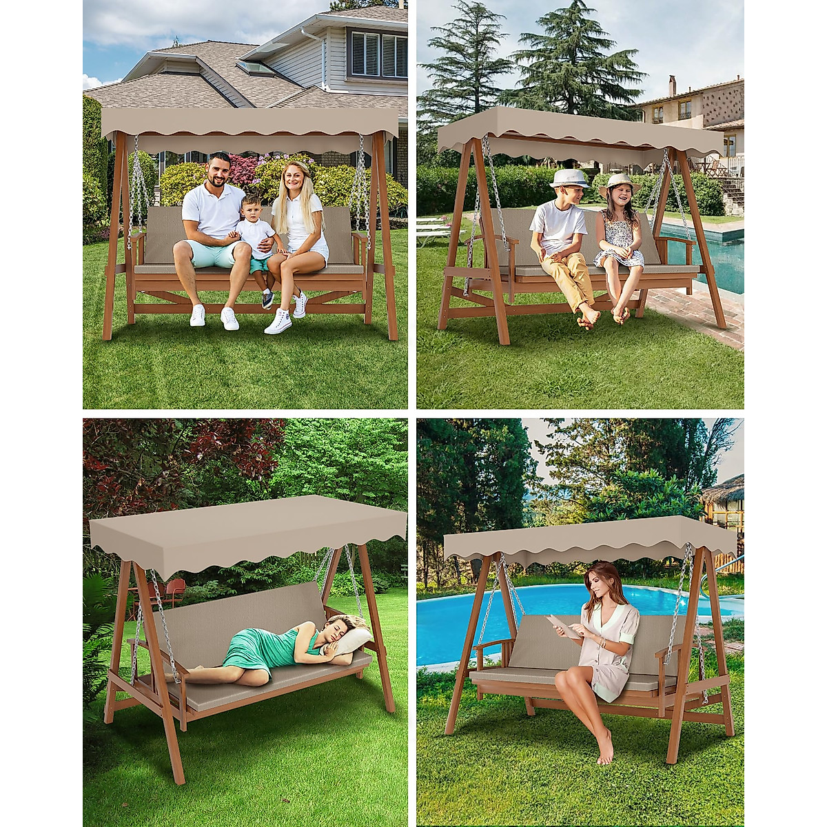 Kybolt Wooden Patio Swing with Adjustable Canopy,3-Seater Wood Patio Swing Bench Bed with Removable Cushion,Patio Swing Glider with Flatbed for Backyard Garden Balcony Poolside