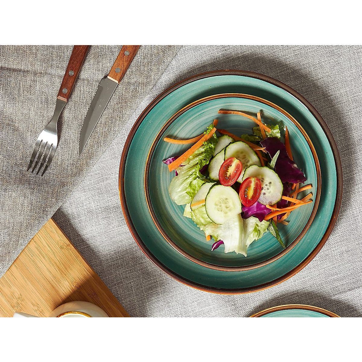 ONEMORE 30 oz Pasta Bowls and 8.5 inch Salad Plates Bundle - Microwave, Oven and Dishwasher Safe - Teal