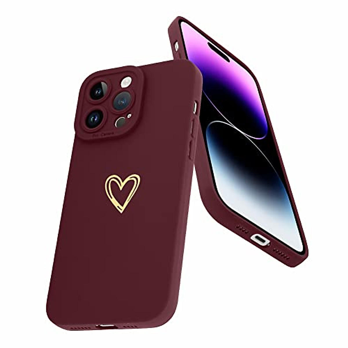 Fiyart Designed for iPhone 14 Pro Max Case Love Heart Design for Women Girls Soft TPU Plating Full Camera Lens Protection Phone Bumper with Screen Protector for iPhone 14 Pro Max 6.7"-Wine Red