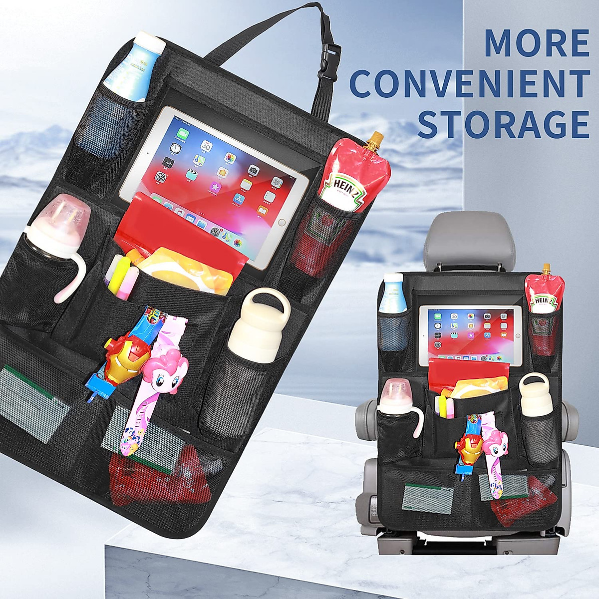 Car Seat Back Organizer for Kids Car Organizer Kick Mats with 10" Touch Screen Tablet Holder 11 Storage Pockets Car Back Seat Protectors Backseat Child Kick Guard Seat Saver (21” x 17”inch)