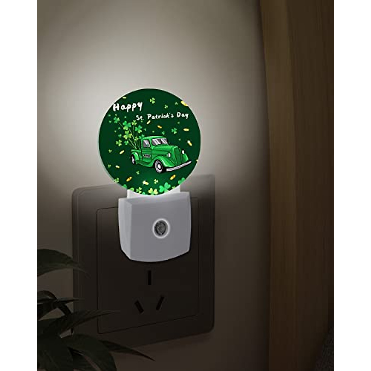 Happy St. Patrick's Day Night Lights Plug into Wall, Green Truck Clover Coins Auto Round LED Lights with Dusk to Dawn Sensor for Bedroom, Bathroom, Hallway, Kitchen, Kids, Home Decor