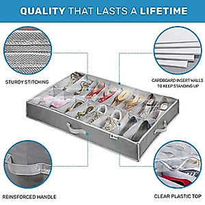 Under Bed Shoe Storage Organizer - TEAR-RESISTANT Heavy Duty 600D Material - Shoe Organizer Under Bed - Fits Men's and Women's Shoes, High Heels, and Sneakers - Up to 16 Pairs - Extra-Strong Zipper - Grey - Perfect for College Dorms