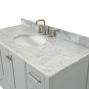 ARIEL 49" Grey Bathroom Vanity with Italian Carrara Marble Countertop & Backsplash, Center Oval Sink, 2 Soft Closing Doors, 9 Full Extension Dovetail Drawers, Brushed Nickel