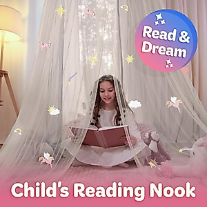 Bollepo Bed Canopy for Girls Bed with Glowing Stars - Princess Room Decor, Ceiling Net to Cover Toddler | Full, Twin Size Kids Bed Curtains, Fire Retardant Fabric (White - Unicorn)