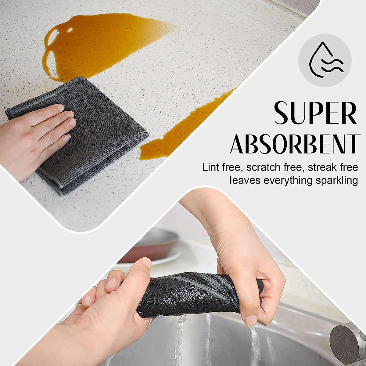 SINLAND Microfiber Cleaning Cloth Rag Super Absorbent Kitchen Dish Cloths Quick Dry No Streak Dish Rags Glass Cloths 12inchx12inch 12 Pack Grey