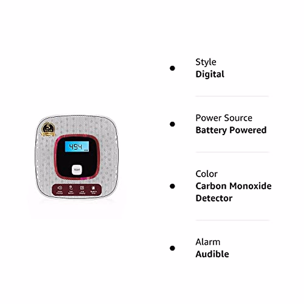 Carbon Monoxide Alarm Detector - with Digital LCD Display and Voice Warning Battery powered