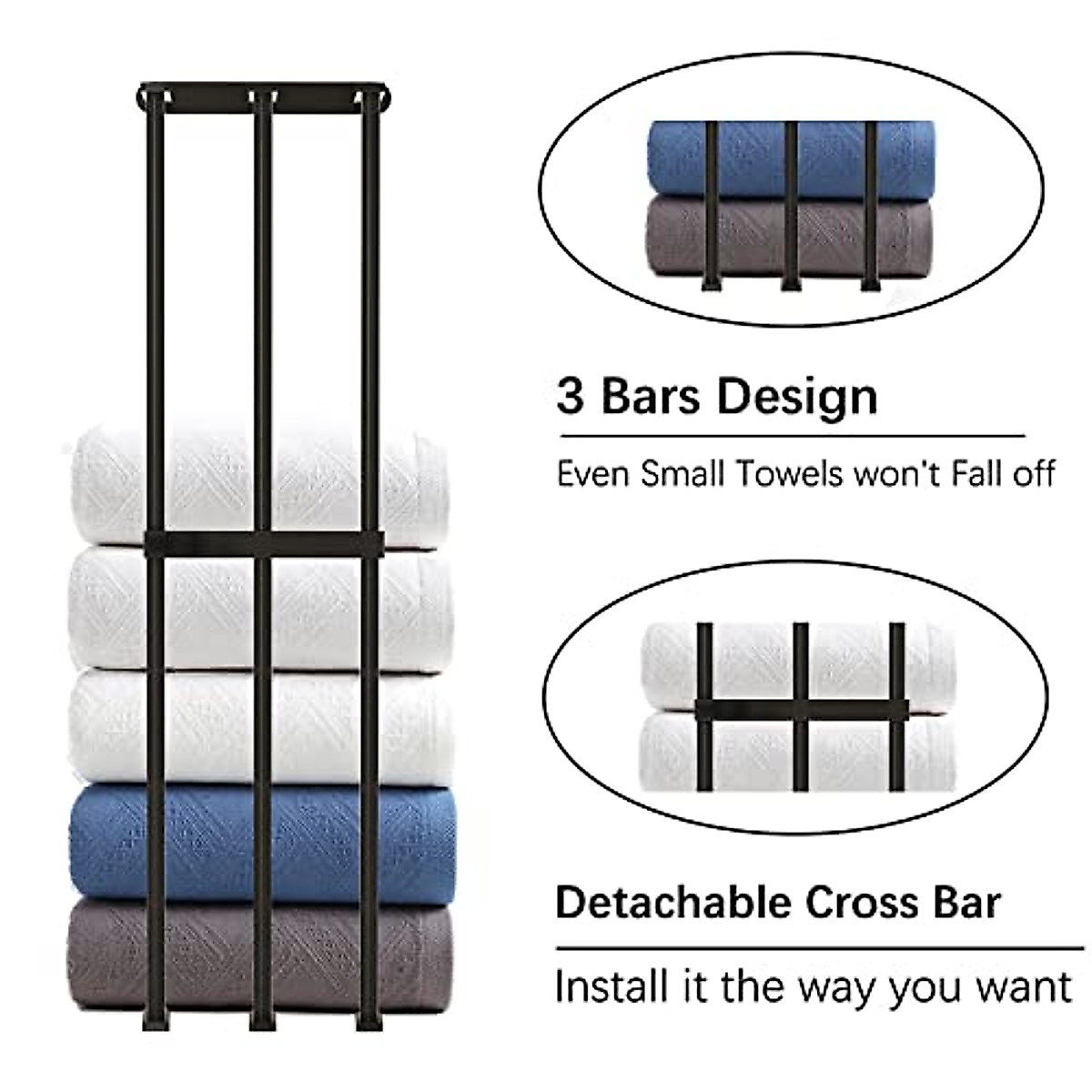 2022 Towel Rack for Bathroom, Bath Towels Storage Holder Wall Mounted, Modern Rolled Folded Towels Organizer, Bathroom Organization, Stainless Steel Metal Washcloths Towels Vertical Shelf (Black)