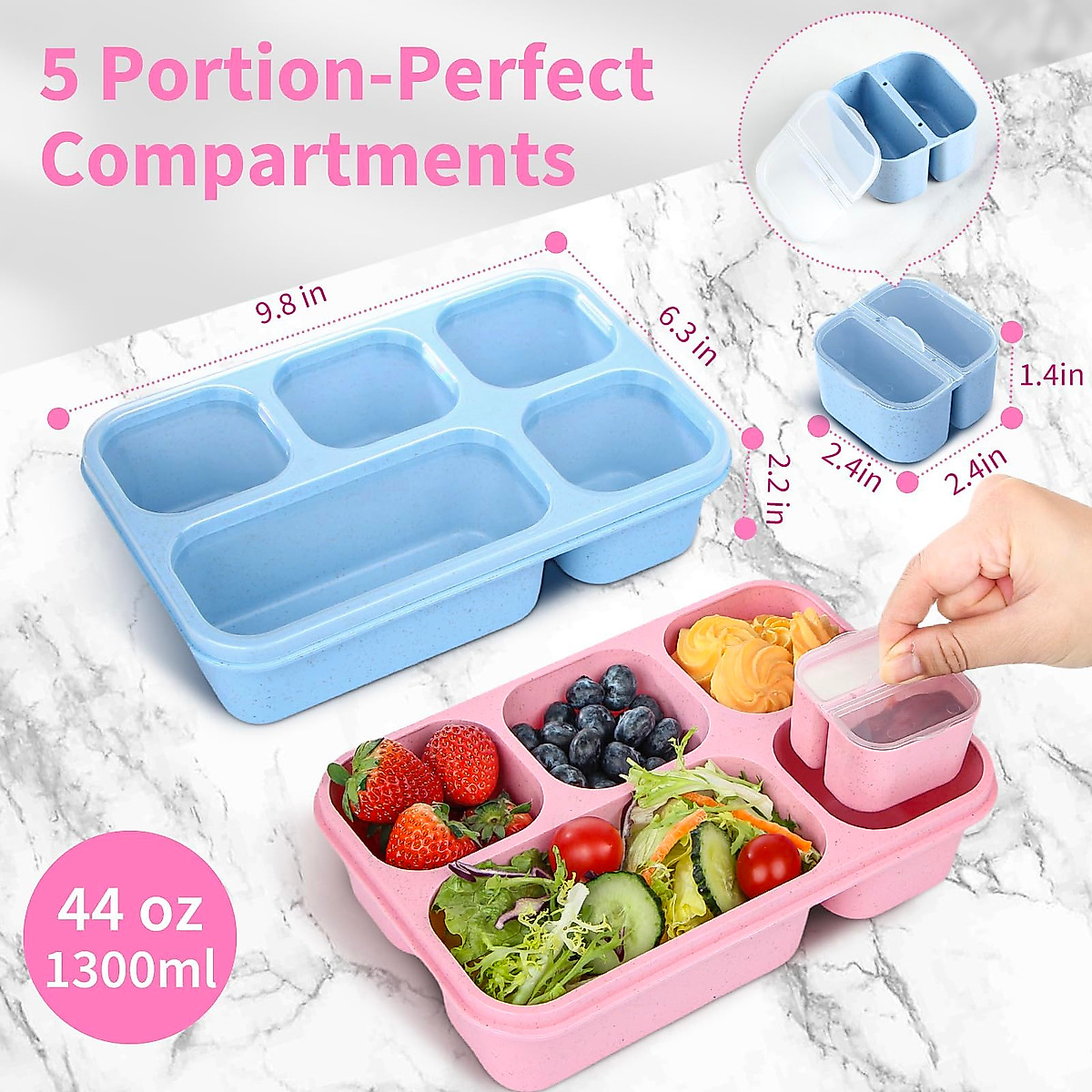 Lunbxx Snack Box Containers for Adults，4 Pack Bento Lunch Box for Adult & Kids, 5 Compartment Adult Lunchable Containers with Utensils, Sauce Jar, 44 Oz/1300ML Large Size (Wheat)
