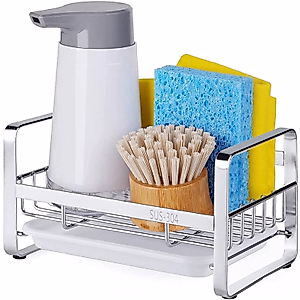 HULISEN Kitchen Sink Sponge Holder, 304 Stainless Steel Kitchen Soap Dispenser Caddy Organizer, Countertop Soap Dish Rack Drainer with Removable Drain Tray, not Including Dispenser and Brush