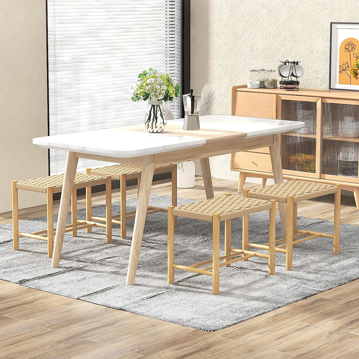 COSTWAY Patio Wooden Dining Stools Set of 2, 22-inch Wide Rustic Backless Saddle Stools with Rubber Wood Frame and Woven Paper Seat, 18-inch Height Outdoor/Indoor Counter Stools for Backyard Kitchen