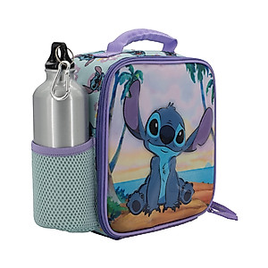 Disney Stitch Lunch Box Set for Boys & Girls, Stainless Steel Water Bottle with Carabiner Clip and Ice Pack, Insulated & Waterproof Lunch Bag with Zipper, 4 Pieces