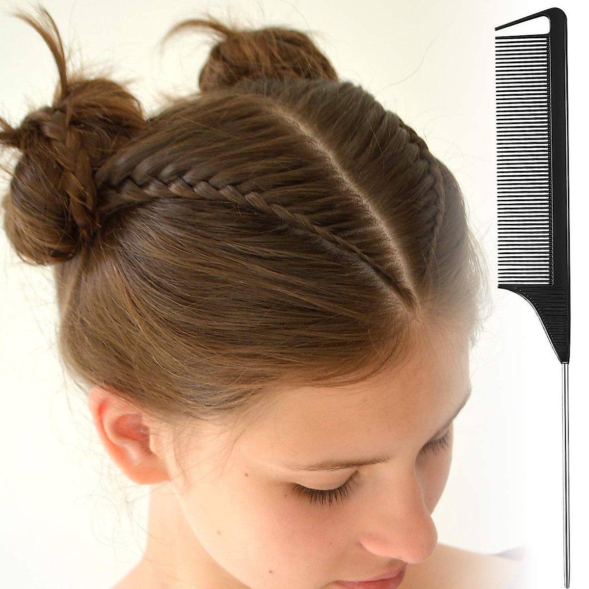 12 Pieces Hair Parting Comb Pin Tail Combs Fine-tooth Comb Rat Tail Combs Carbon Fiber and Stainless Steel Pintail Comb for Braids Hair Styling Beauty Tools (Black)