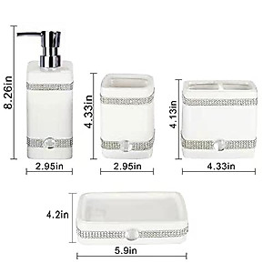 CAA'S Bathroom Accessories Set Ceramic 4 Pieces Bathroom Ensemble for Bath Decor Includes Lotion Dispenser Toothbrush Holder Tumbler Soap Dish (White Inlaid Zircon)