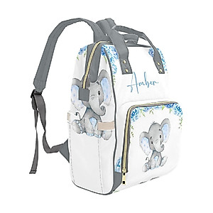 Blue Watercolor Flower Elephant Diaper Bags Backpack with Name Personalized Baby Bag Nursing Nappy Bag Gifts