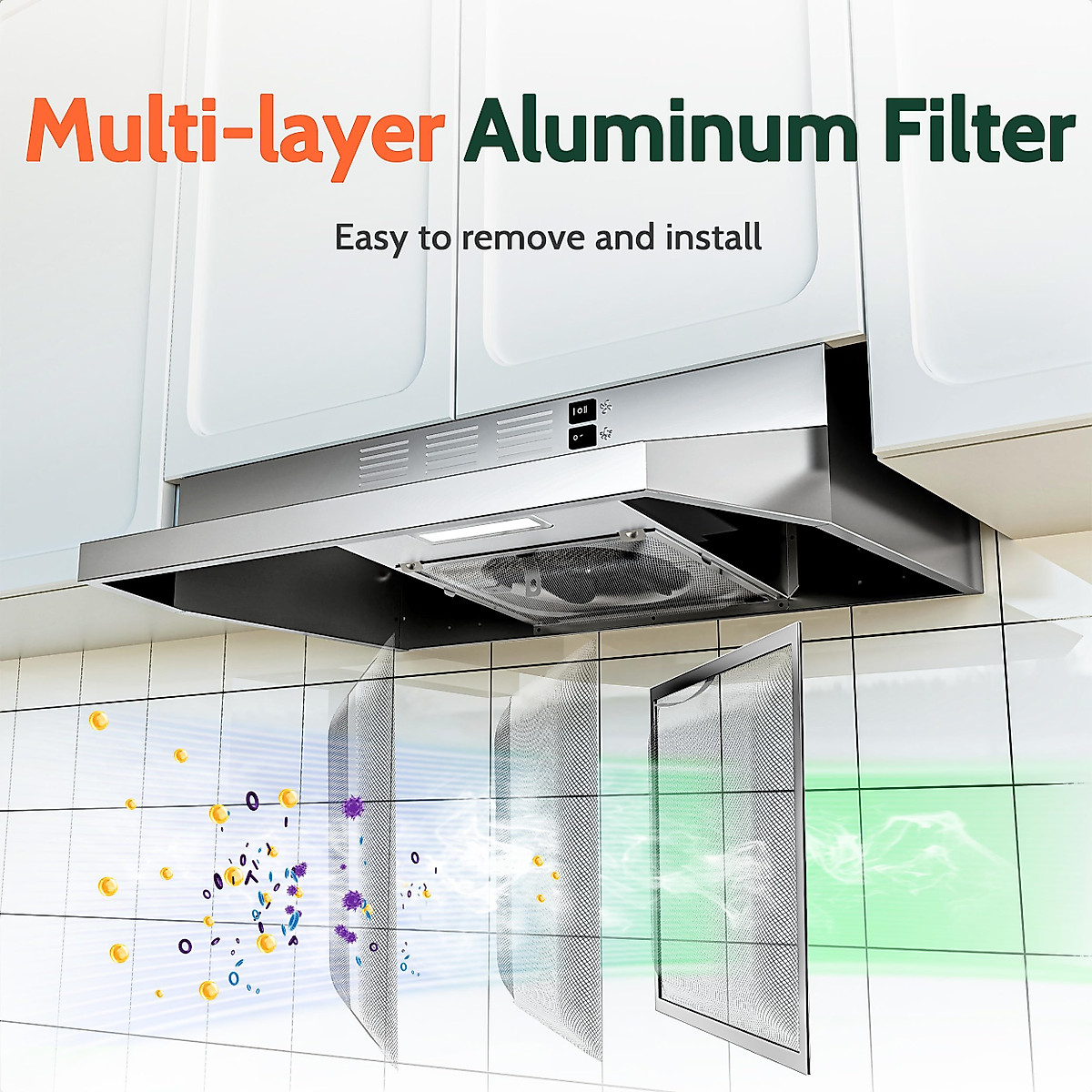 FIREGAS 24 inch Range Hood Under Cabinet, 300CFM Ducted/Ductless Convertible Kithen Hood in Stainless Steel with 2 watt LED Light and Filter, 2 fan speeds, hassle-free installation