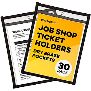 Job Ticket Holders 9x12 (30 Pack) - Dry Erase Document Holder - Shop Holder - Order Clear Black Sleeves - 8.5 x 11 Tickets - Plastic Heavy Duty Work Pocket - Hanging Sheet Protectors - Plastic Sleeves