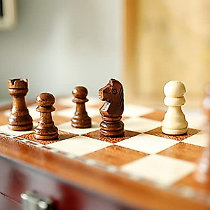 QueenSide 12" Magnetic Wooden Chess Set with Folding Chess Board & Staunton Chess Pieces 2 Extra Queens, Portable (30x30cm)