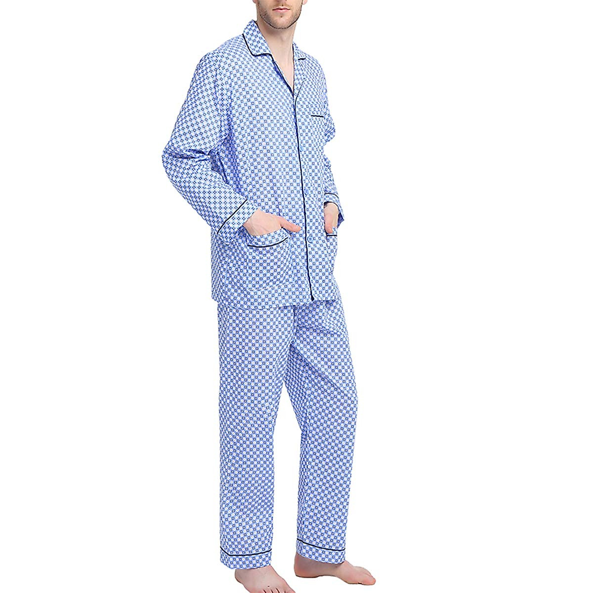 GLOBAL Mens Pajamas Set, 100% Cotton Woven Drawstring Sleepwear Set with Top and Pants/Bottoms