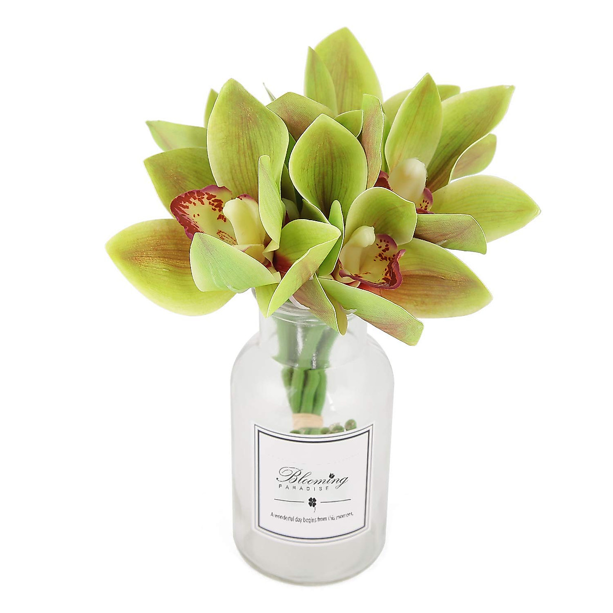 Blooming Paradise 12pcs Real Touch Artificial Fake Plants Silk Cymbidium Orchid Flowers Arrangements Wedding Bouquets Decorations Plastic Floral Table Centerpieces Home Kitchen Garden Party White