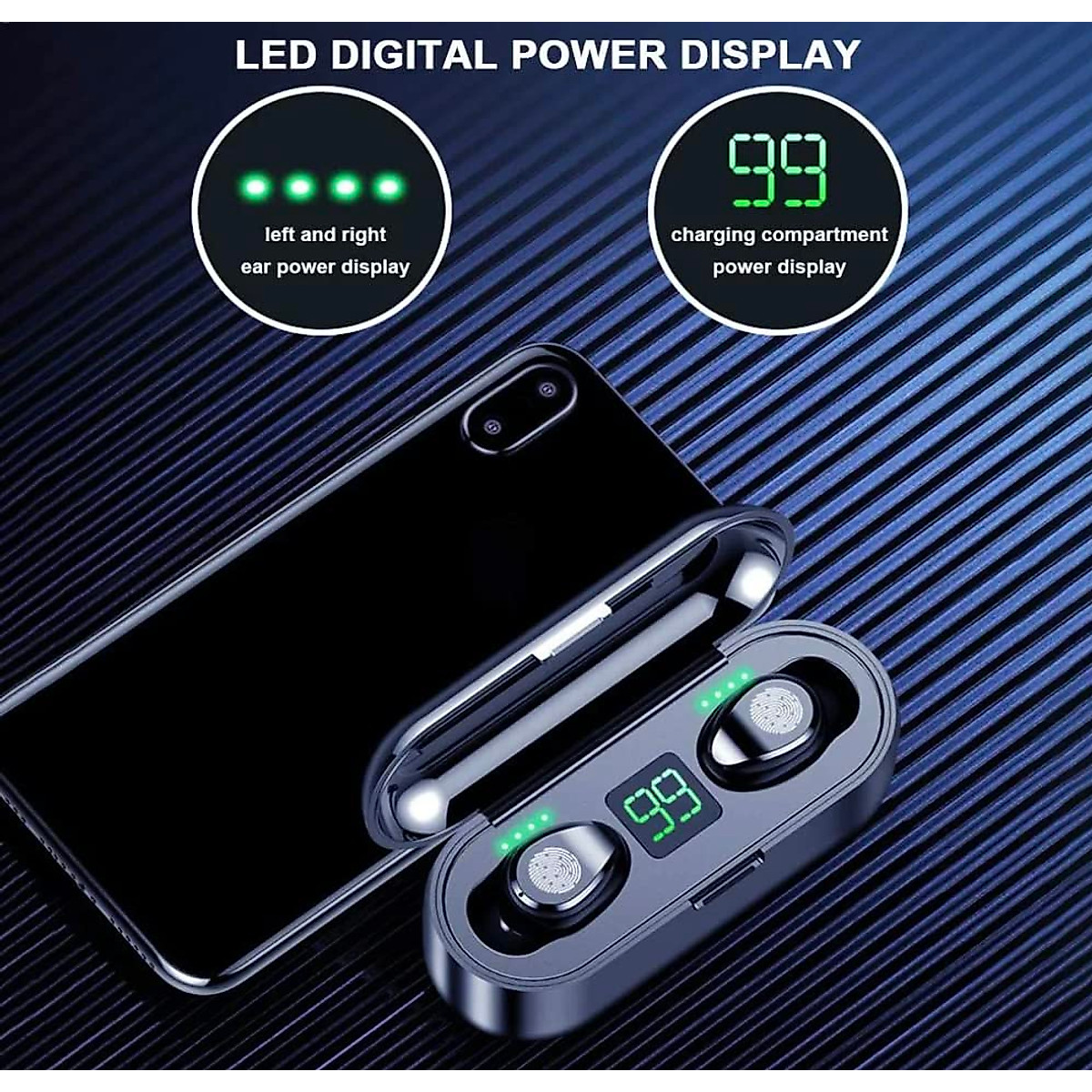 BAHASYA Wireless Bluetooth Earbuds with Digital Charging Case, Built-in Mic, Noise Cancelling, Waterproof, Deep Bass Earphones, in Ear Stereo Headphones for Sport, Gym, Running, Gaming (Black)