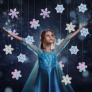 TaoBary 2 Pack Frozen Snowflake Banner Garland Frozen Birthday Party Decorations Winter Snowflake Banners Blue Purple Silver Glitter Snowflake Garland for Wonderland Baby Shower Decorations