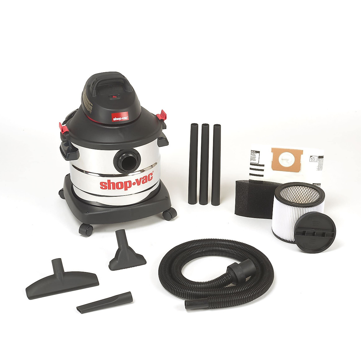 Shop-Vac 5989405 8 Gallon Wet/Dry Vacuum, 6.0 Peak HP, Stainless Steel, 12 Ft Hose, Ideal for Home & Commercial Use