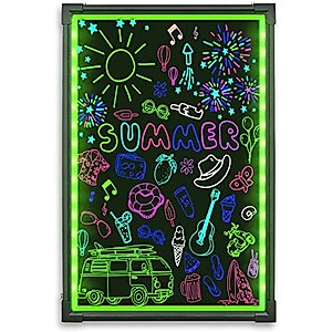 Hosim LED Message Writing Board, 24" x 16" Illuminated Erasable Neon Effect Restaurant Menu Sign with 8 Colors Markers, 7 Colors Flashing Mode DIY Message Chalkboard for Kitchen Wedding Promotions