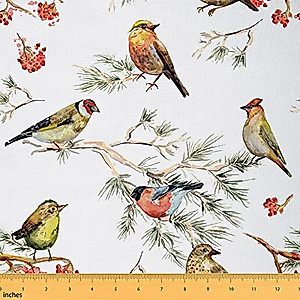 Bird Fabric by The Yard, Branches Upholstery Fabric, Leaves Floral Decorative Fabric, Wildlife Animals Botanical Indoor Outdoor Fabric, Flower DIY Art Waterproof Fabric, Green Red, 1 Yard