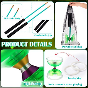 Chitidr Chinese Yoyo Diabolo Set Includes 5 Inch Colorful LED Diabolo Toy Light Up with 2 Pieces Diabolo Sticks, 1 Piece Diabolo String and 1 Piece Net Bag for Fun (Green)