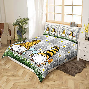 Erosebridal Funny Gnome Duvet Cover Queen Spring Bee Gnome Sunflower Bedding Set for Girls Teens White Daisy Floral On Grey White Checked Comforter Cover Honeycomb Grass Room Decor Quilt Cover