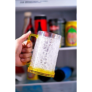 Patiomos Drinking Glasses Cups, Double Wall Gel Freezer Beer Mugs, Freezer Ice Mugs Cups, 16oz, Plastic Cooling Beer Mug Clear Set of 4 (Red, Green, Blue, Orange)