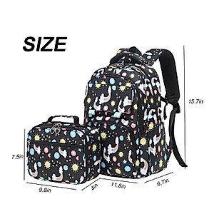 ZHIERNA School Backpack with Lunch Bag for Teen Girls,15.6’’ Laptop Backpacks, 2Pcs Set College Bookbags with Reflective Tape (Black)