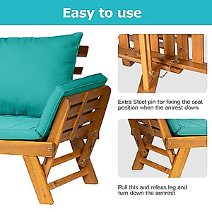 Panana Acacia Wood Convertible Couch Sofa Bed Adjustable Armrest Folding Daybed Collapsible Chaise Lounge w/Cushions Outdoor Loveseat for Garden Patio Poolside Turquoise