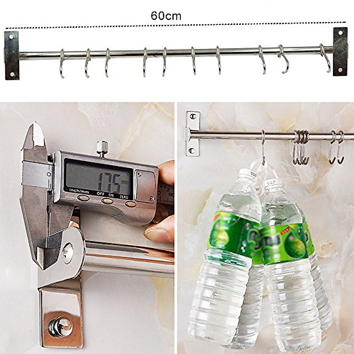 Petilleur Kitchen Sliding Hooks, Stainless Steel Hanging Rack Rail Organize Kitchen Tools with 10 Utensil Removable S Hooks for Towel, Spoon, Coats, Bathrobe, BBQ,Wall Mounted Hanger (60CM 10 Hooks)