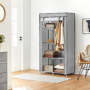 SONGMICS Portable Closet, Clothes Storage Organizer with 6 Shelves, 1 Clothes Hanging Rail, Non-Woven Fabric Closet, Metal Frame, Herringbone Pattern, 34.6 x 17.7 x 66.1 Inches, Grey URYG084G22