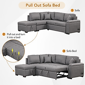 Bellemave Sectional Sleeper Sofa Pull Out Couch with Storage & USB Charging L Shaped Convertible Sofa Bed with Ottoman Pull Out Sofa Bed for Living Room Apartment, Dark Gray
