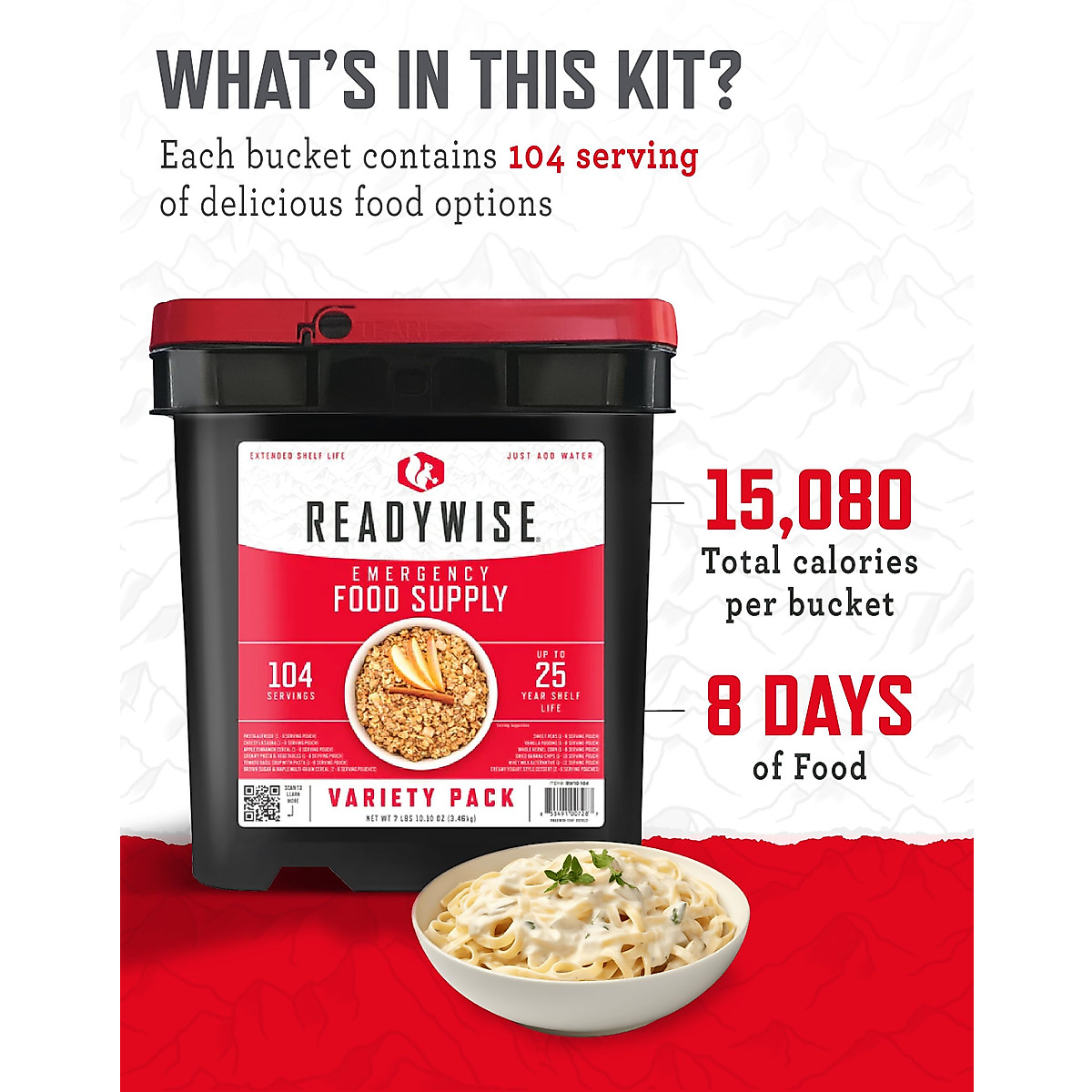 READYWISE - Variety Pack Bucket, 104 Servings, Emergency, MRE Meal & Drink Supply, Premade, Freeze Dried Survival Food, Hiking, Adventure and Camping Essentials, Individually Packaged, 25 Year Shelf Life