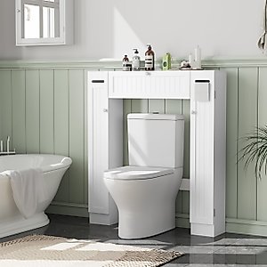 Over The Toilet Storage Cabinet, Bathroom Space Saver with Paper Holder and Adjustable Shelves, Freestanding Toilet Cabinet Organizer with 2 Side Doors and Pull-Down Door, White