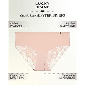 Lucky Brand Women's Underwear - Microfiber Lace Hipster Briefs (3 Pack), Size Large, Gardenia/Natural/Black