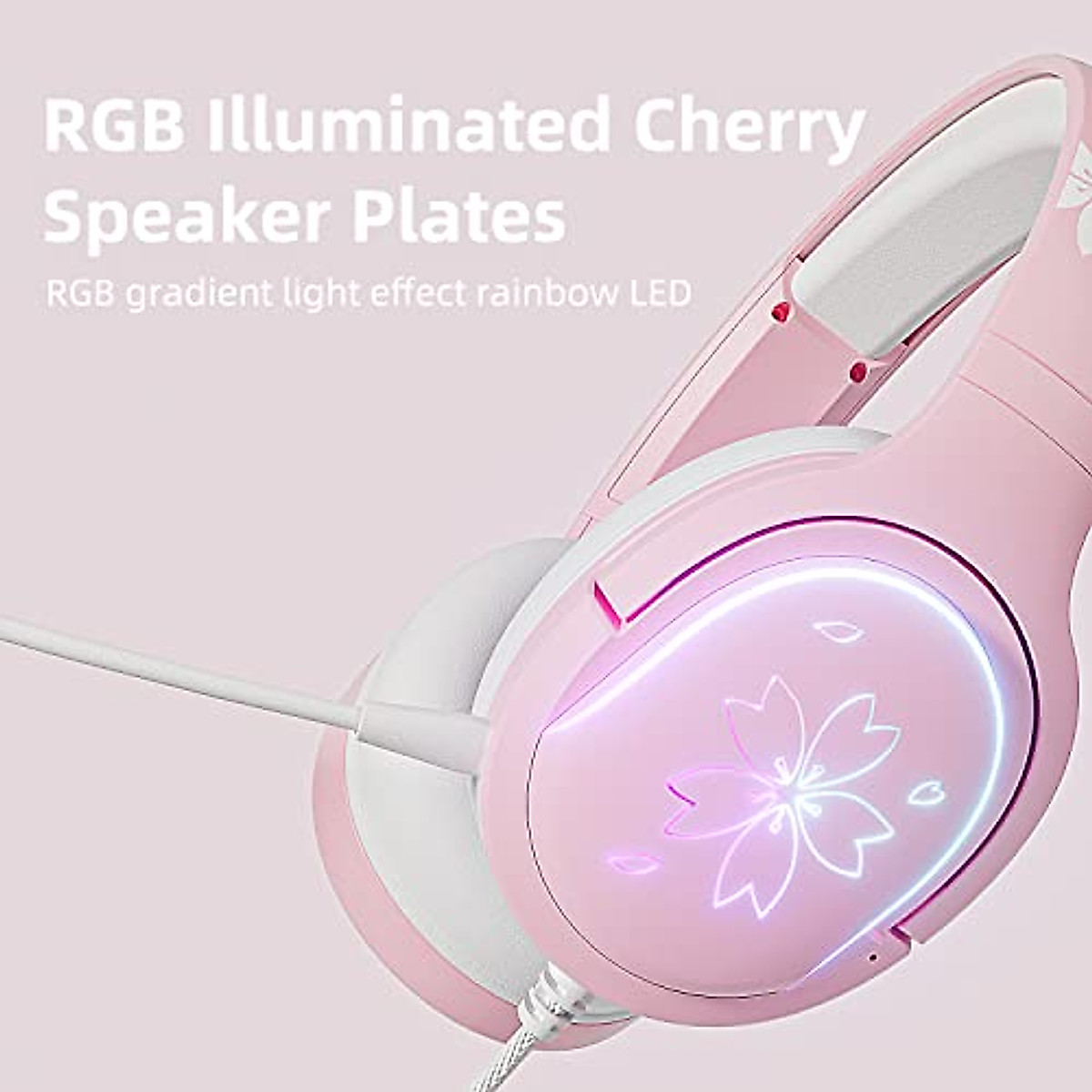 Mytrix Sakura Pink Cherry Blossoms Gaming Headset, 360° Rotation Mic, Soft Earmuff Headphone for PS4, PS5, Xbox, PC & MAC, Switch, RGB Gradient Light Effect