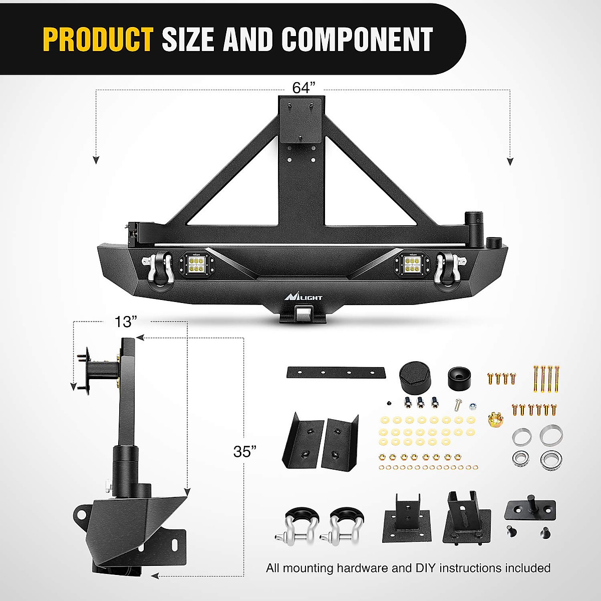 Nilight Rear Bumper & Spare Tire Rack & Hitch Receiver w/2 LED Lights Compatible for 2007-2018 Jeep Wrangler JK for 2007-2018 Jeep Wrangler JK & Unlimited