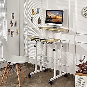 Tangkula Mobile Standing Desk Stand Up Desk, Height Adjustable Computer Desk with Standing & Seating 2 Modes, Tilting Tabletop & Flexible Wheels, Rolling Laptop Cart Sit Stand Desk